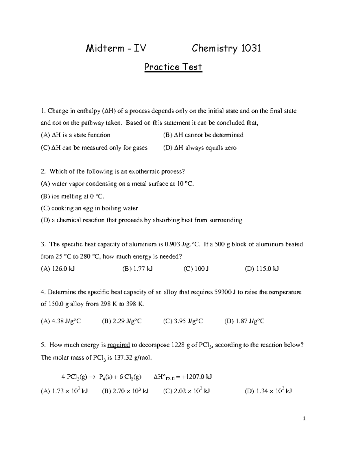 Chemistry 1031 Midterm IV Practice Test Questions and Answers - Studocu