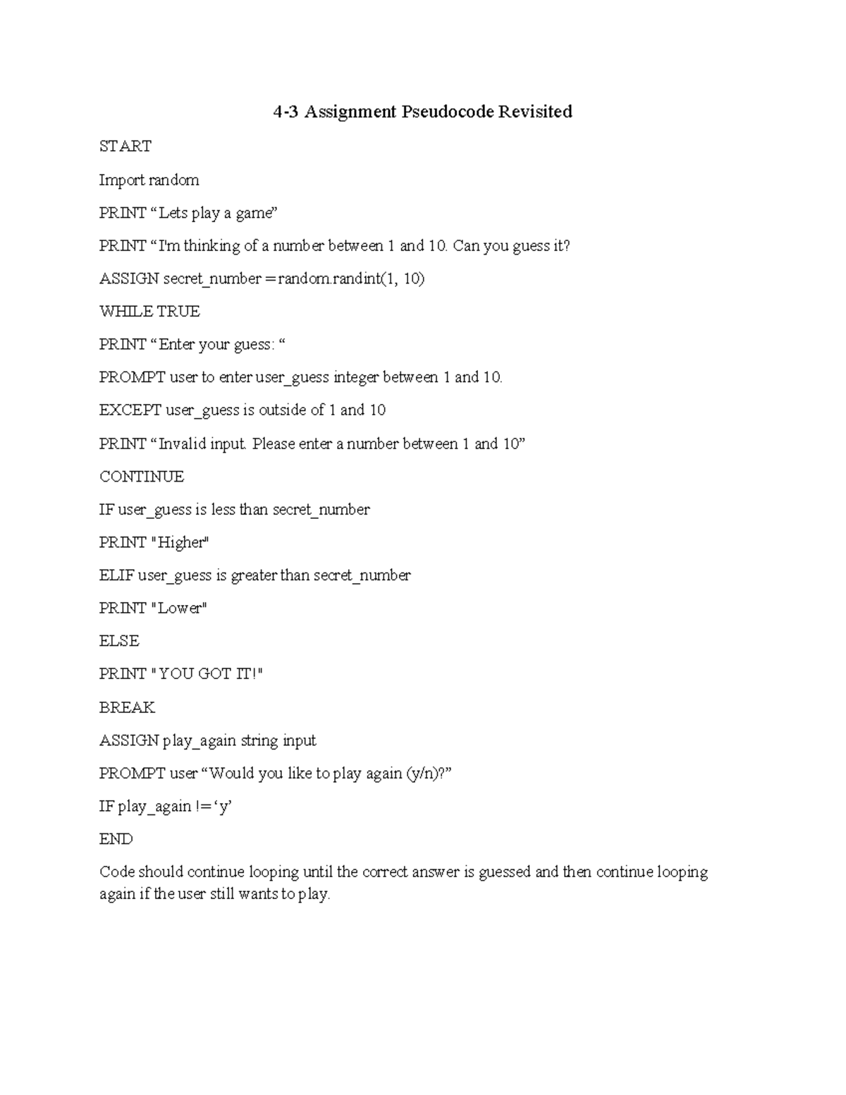 Pseudocode Revisited: Number Guessing Game Assignment - Studocu