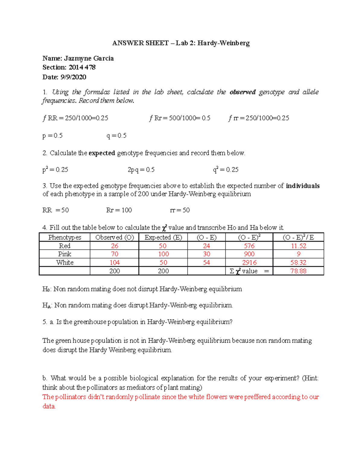 Hardy Weinberg lab - Pop Gen Lab - ANSWER SHEET – Lab 2: Hardy-Weinberg ...