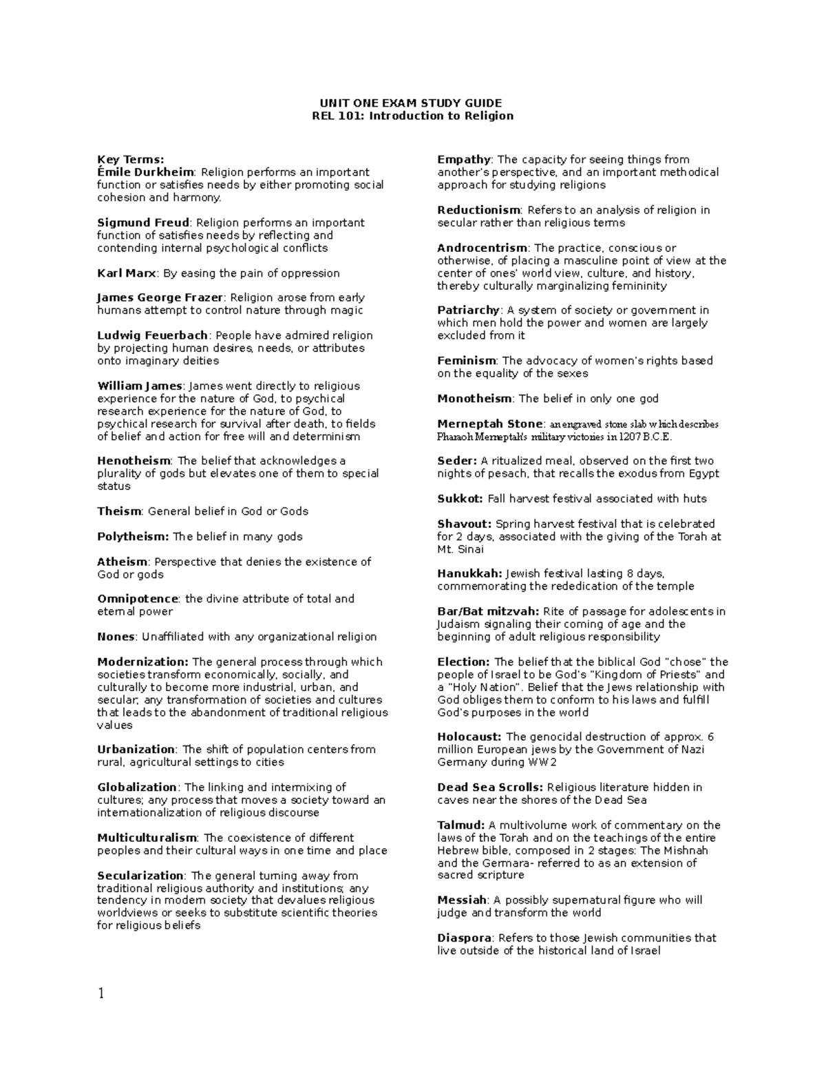 REL 101 Unit 1 Exam Study Guide: Key Terms & Concepts - Studocu