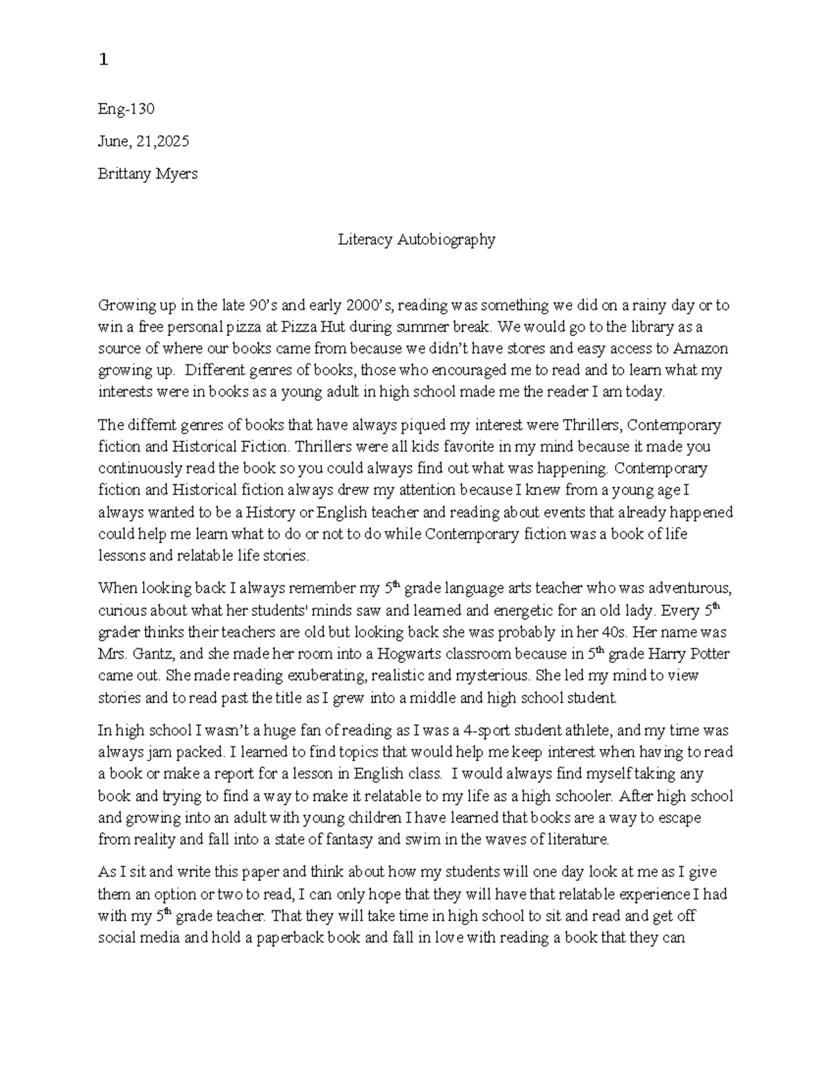 Literacy Autobiography: Brittany Myers' Journey Through Reading - Studocu