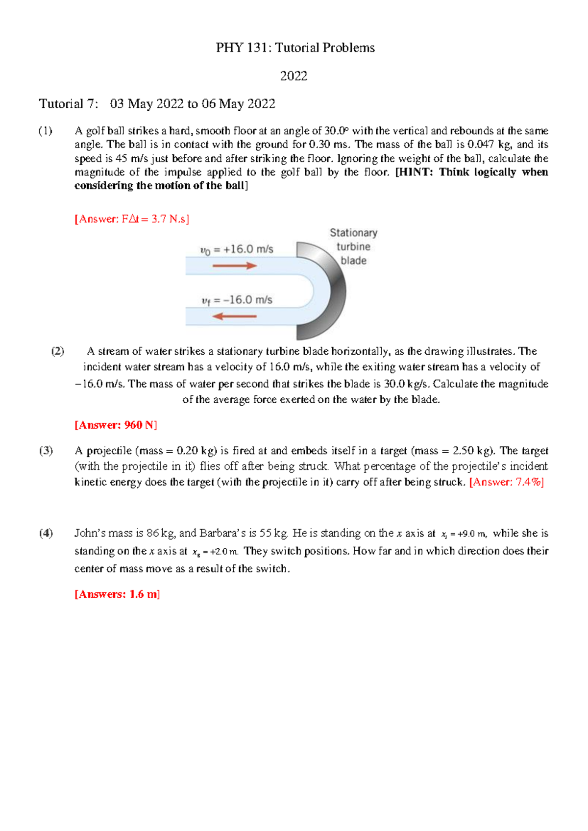 tutorial work momentum and energy - PHY 131: Tutorial Problems 2022 ...