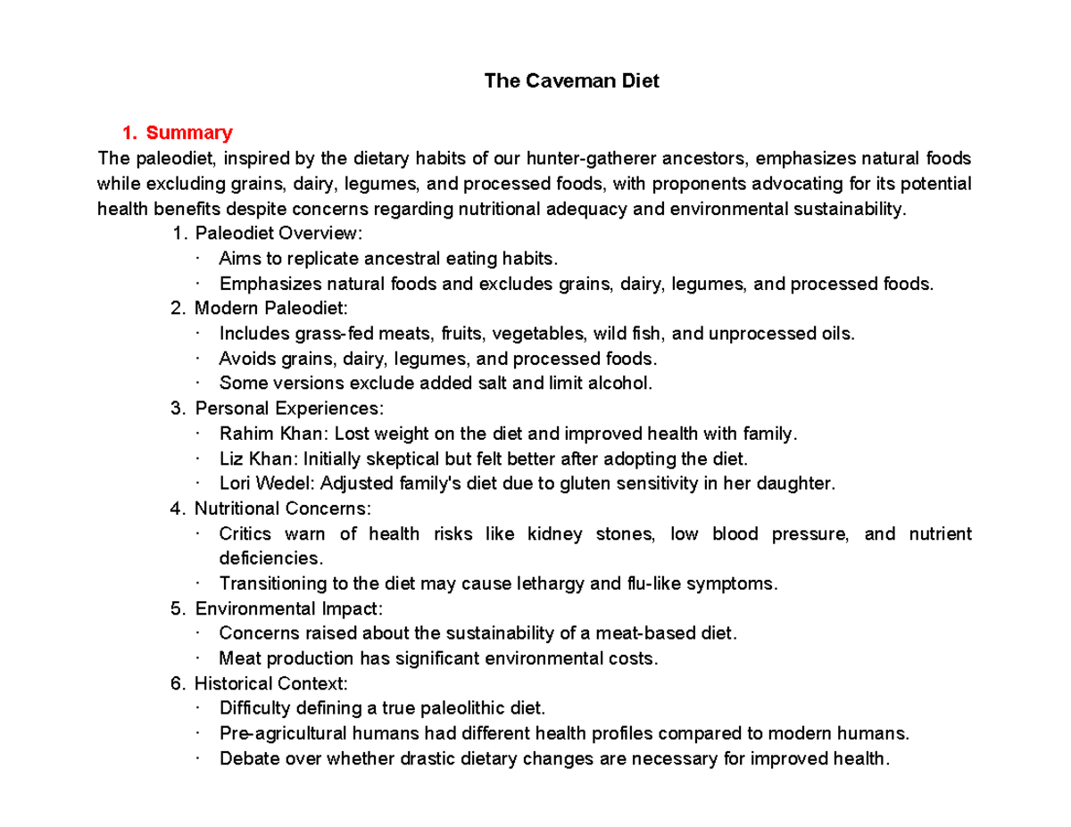 3KT Caveman diet - The Caveman Diet 1. Summary The paleodiet, inspired ...