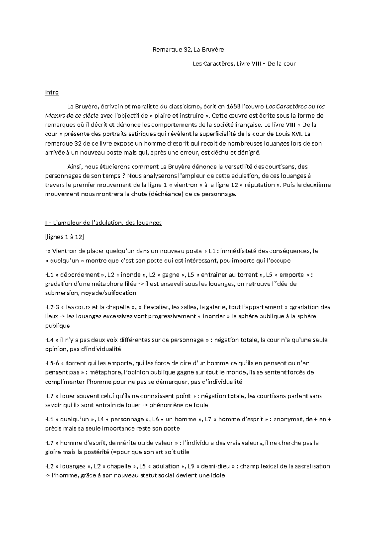 Analyse de Remarque 32 - Les Caractères de La Bruyère (Lecture) - Studocu