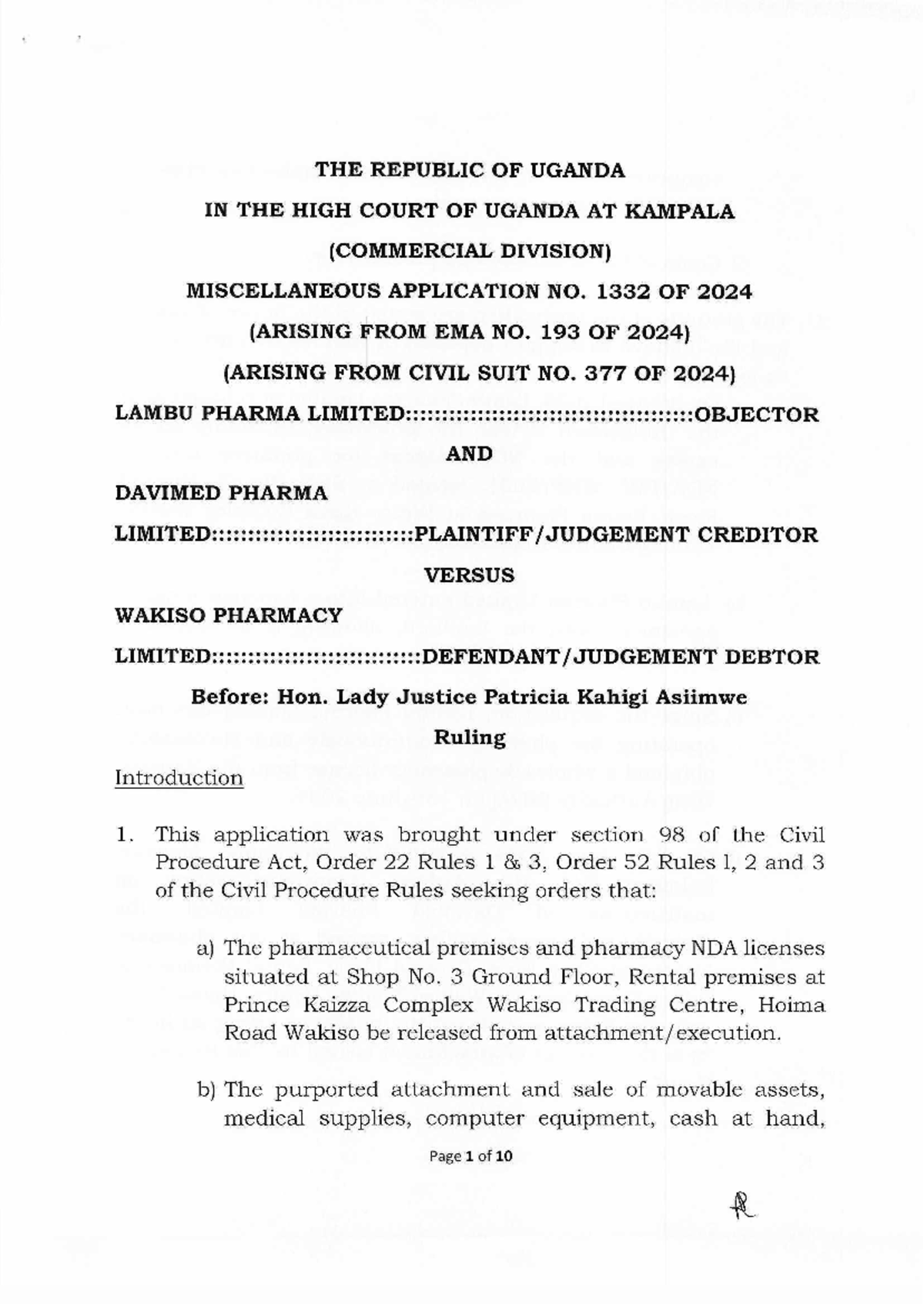 Lambu Pharma Ltd v Wakiso Pharmacy Ltd - MISC App No. 1332 of 2024 ...