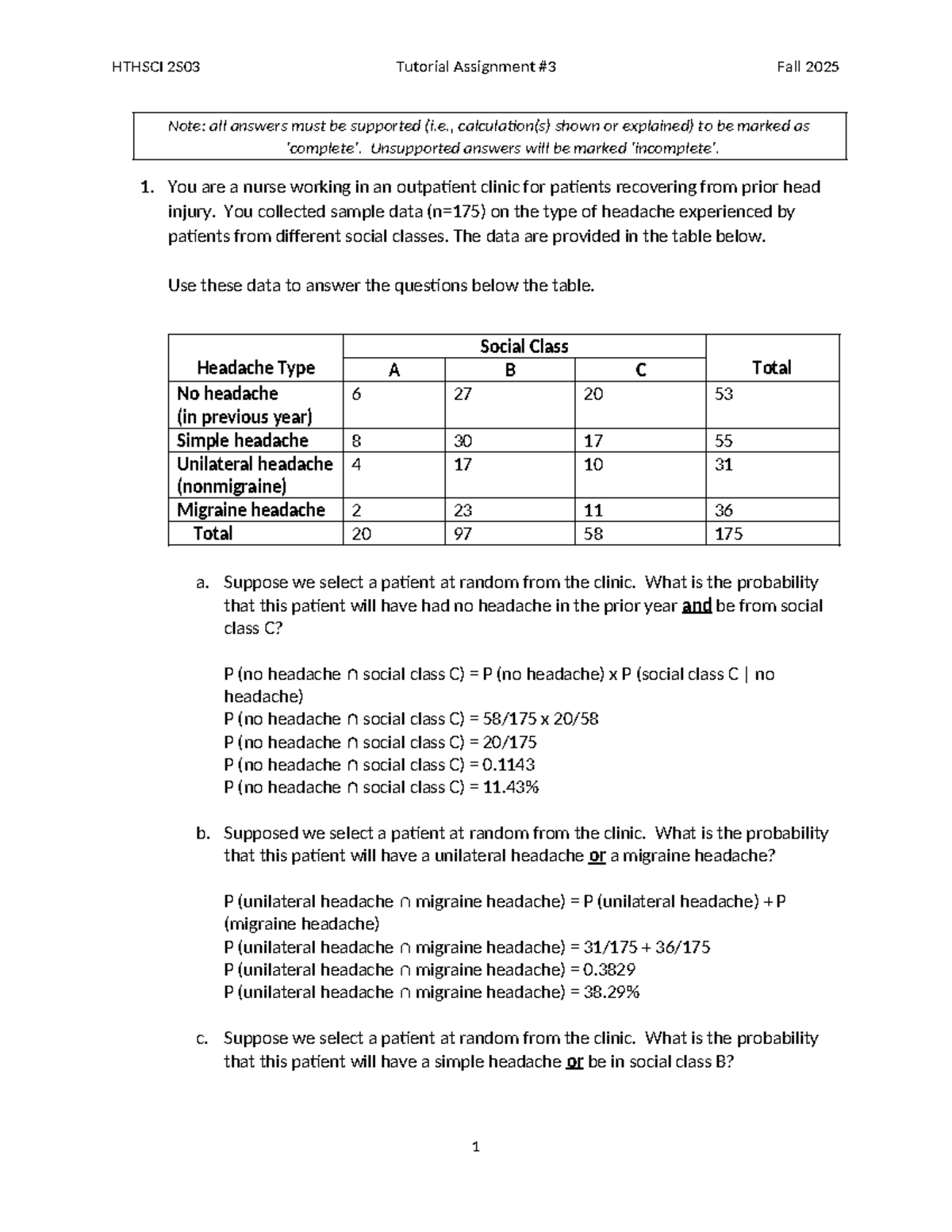 HTHSCI 2S03 Tutorial Assignment 3: Headache & BMI Analysis Fall 2025 ...