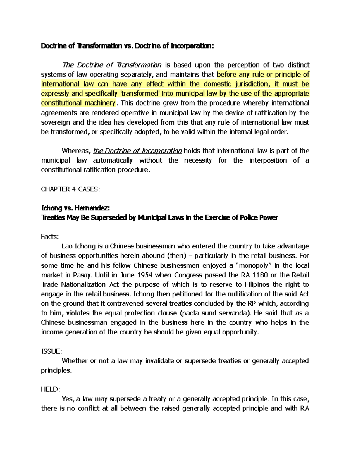 Cases on PIL: Doctrine of Transformation vs. Incorporation and Key ...