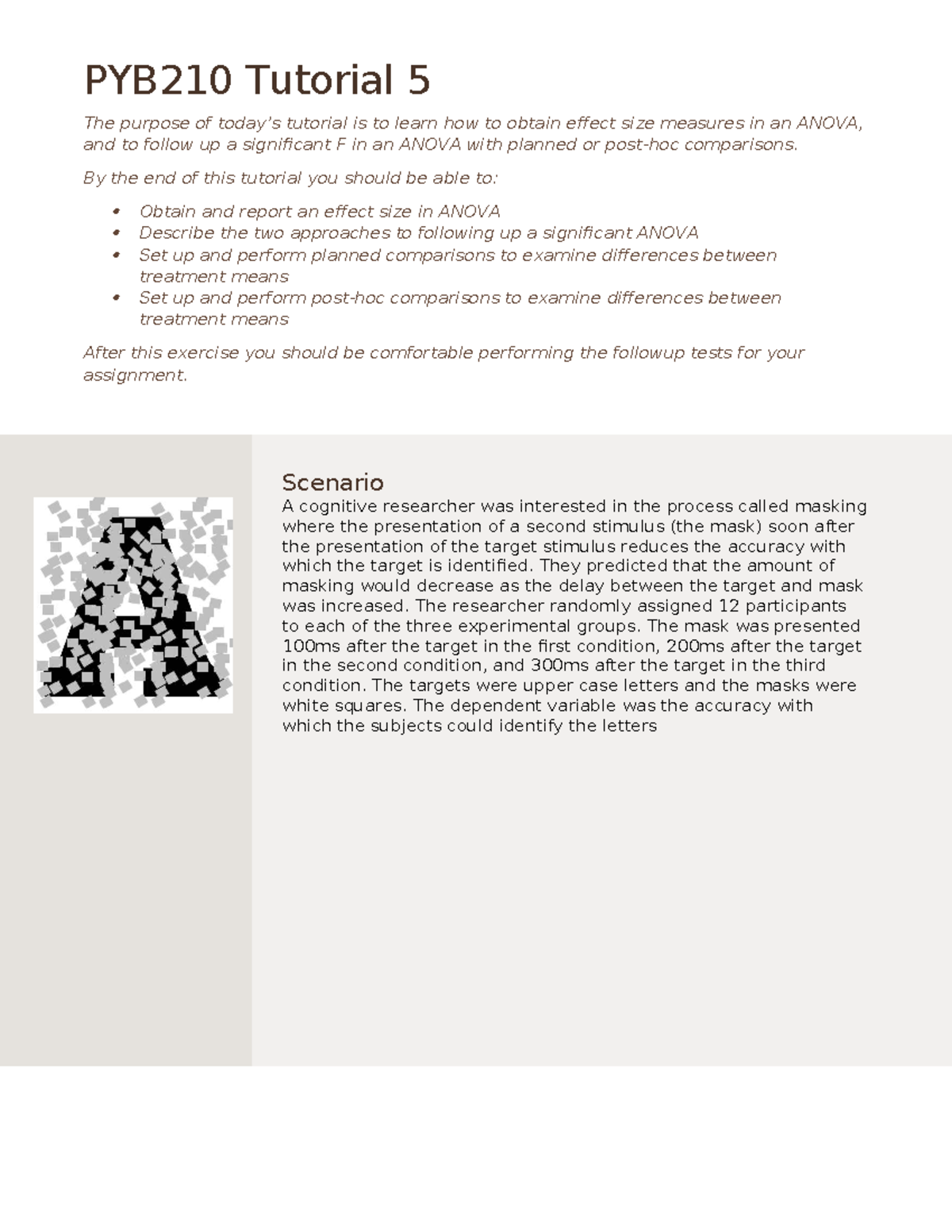 PYB210 Tutorial 5: ANOVA Effect Size & Follow-Up Tests - Studocu