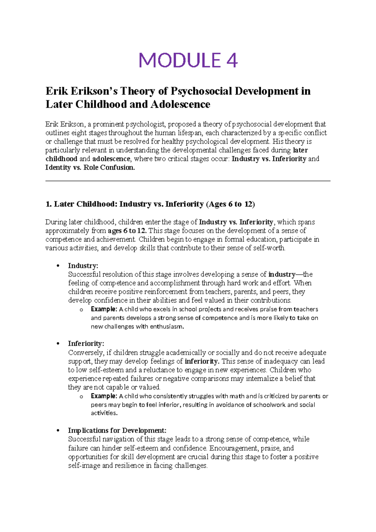 notes of problem behaviour across lifespan - MODULE 4 Erik Erikson’s ...
