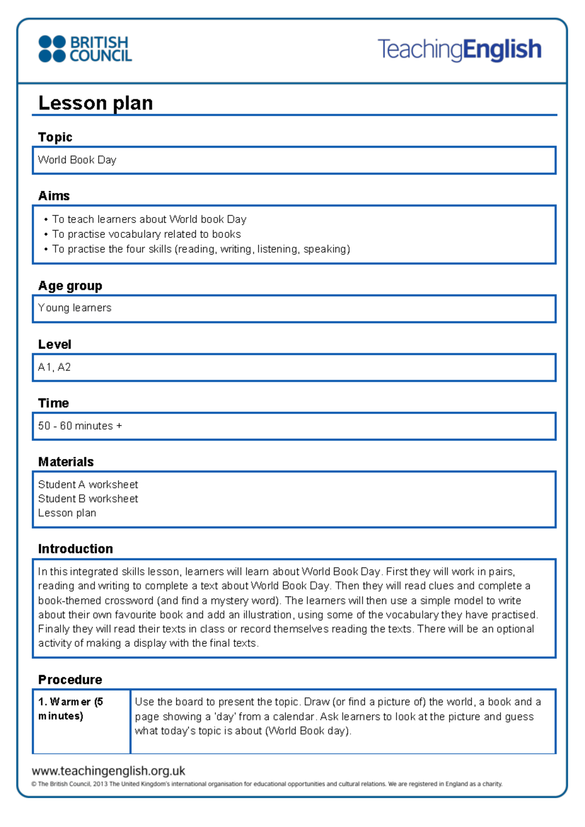 Lesson Plan: World Book Day Activities for Young Learners (A1, A2 ...