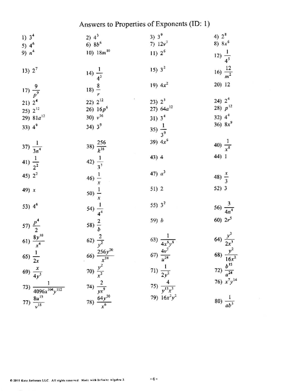 Exponential Functions & Properties of Exponents (MATH 101) Answer Key ...