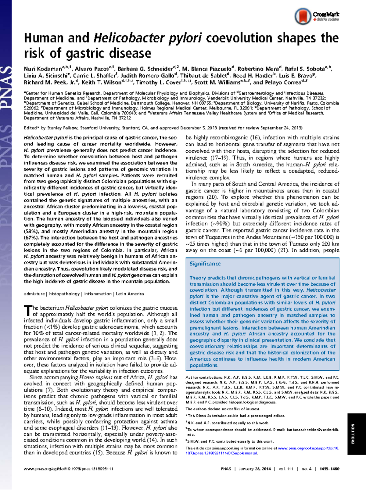 Human and Helicobacter pylori Coevolution: Gastric Disease Risk ...