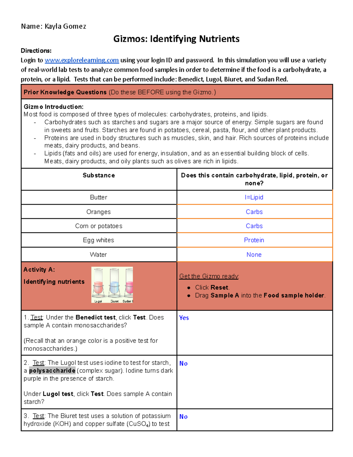 Gizmos: Nutrient Identification Lab Analysis Assignment - Studocu