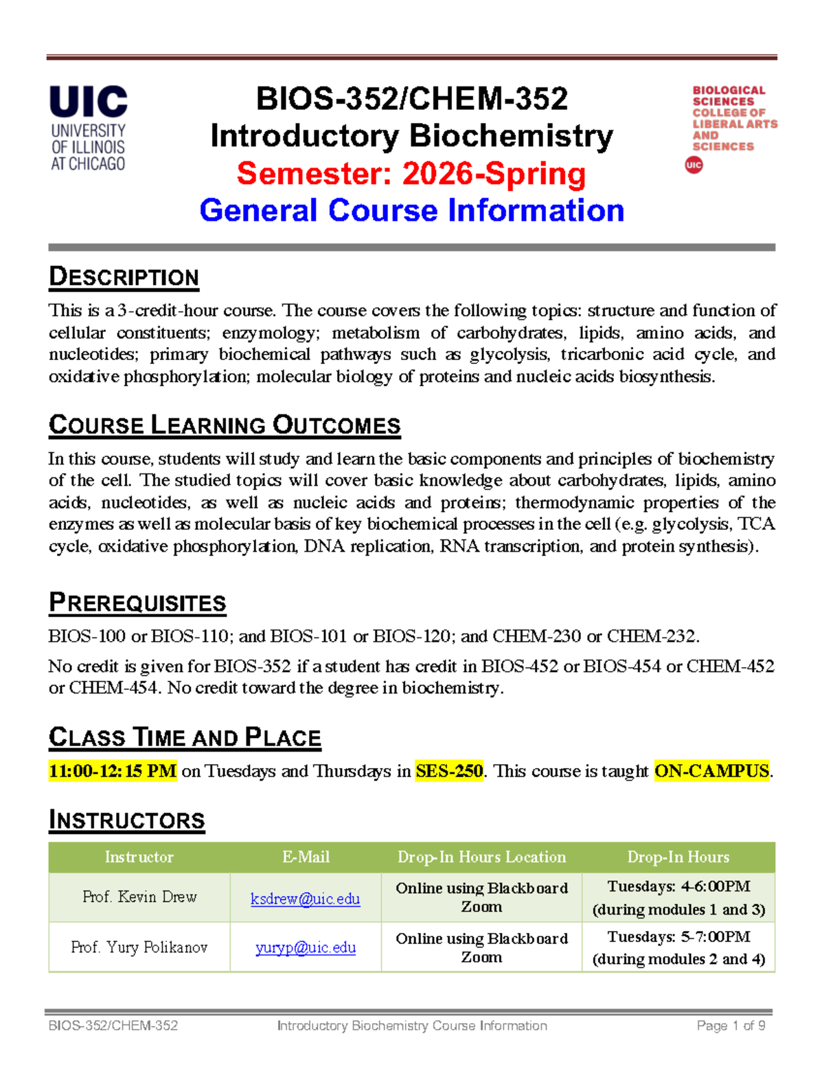 BIOS-352 Introductory Biochemistry Course Syllabus - Spring 2026 - Studocu