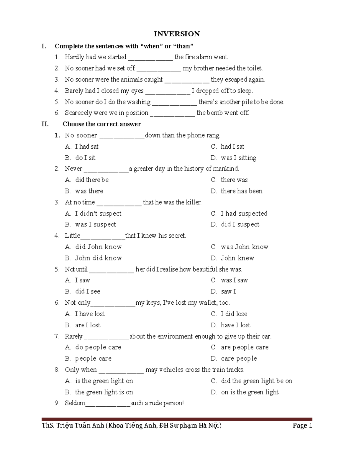 Inversion Exercises and Answers - English Language Course - Studocu