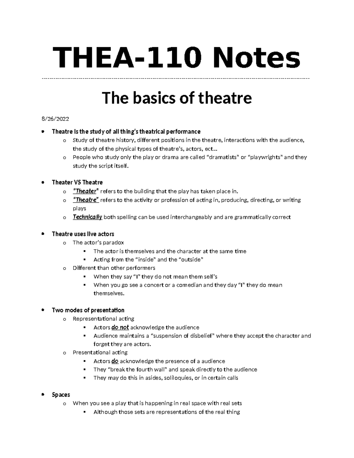 THEA-110: Comprehensive Notes on Theatre History and Performance - Studocu