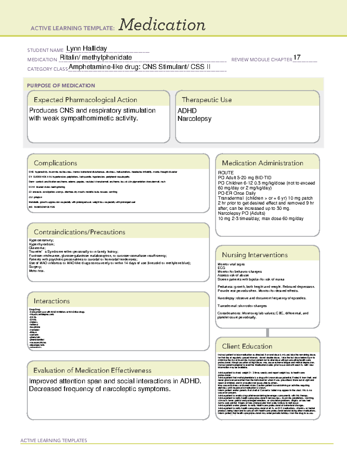 Ritalin (Methylphenidate) Active Learning Template for Nursing Students ...