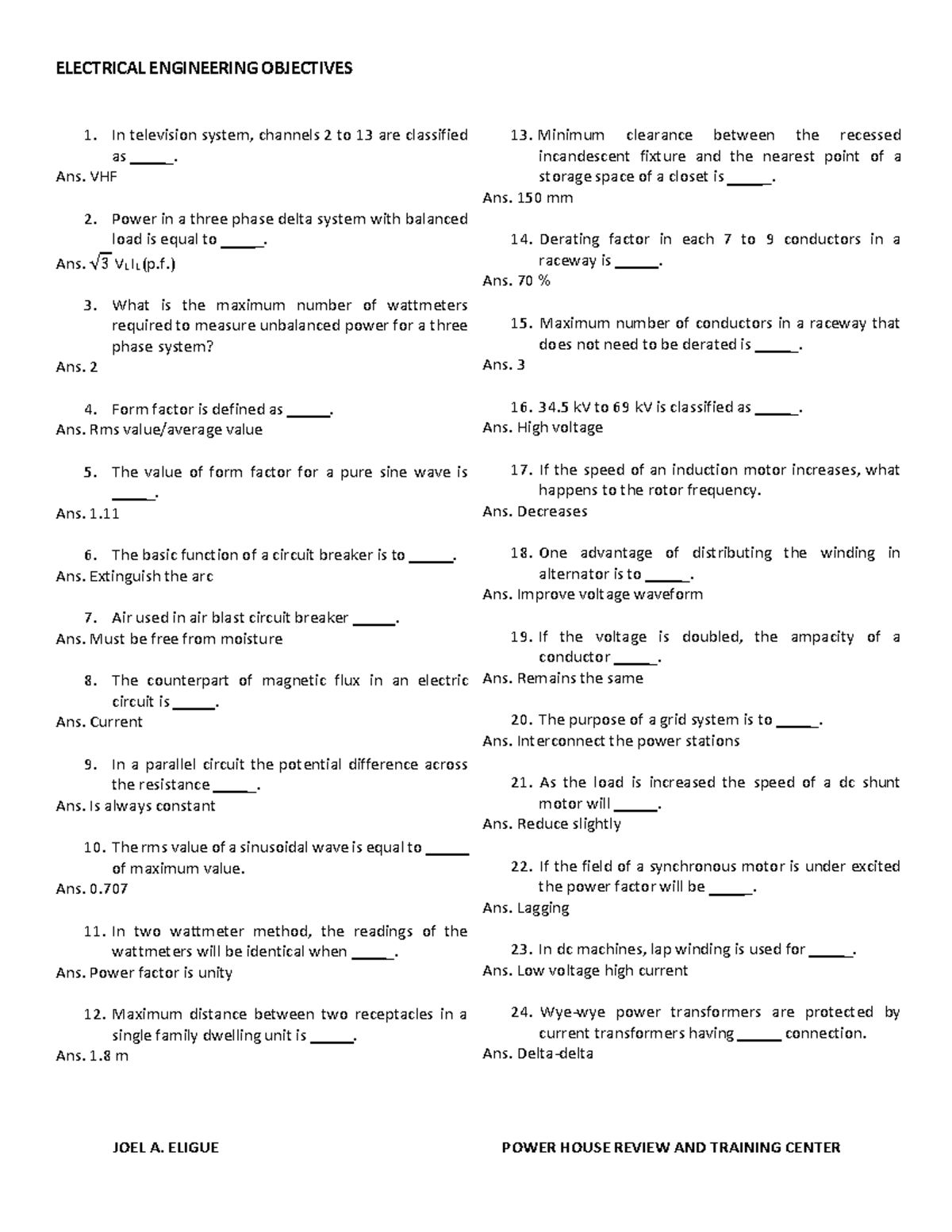 EE Reviewer: Objective Type Questions and Answers Guide - Studocu