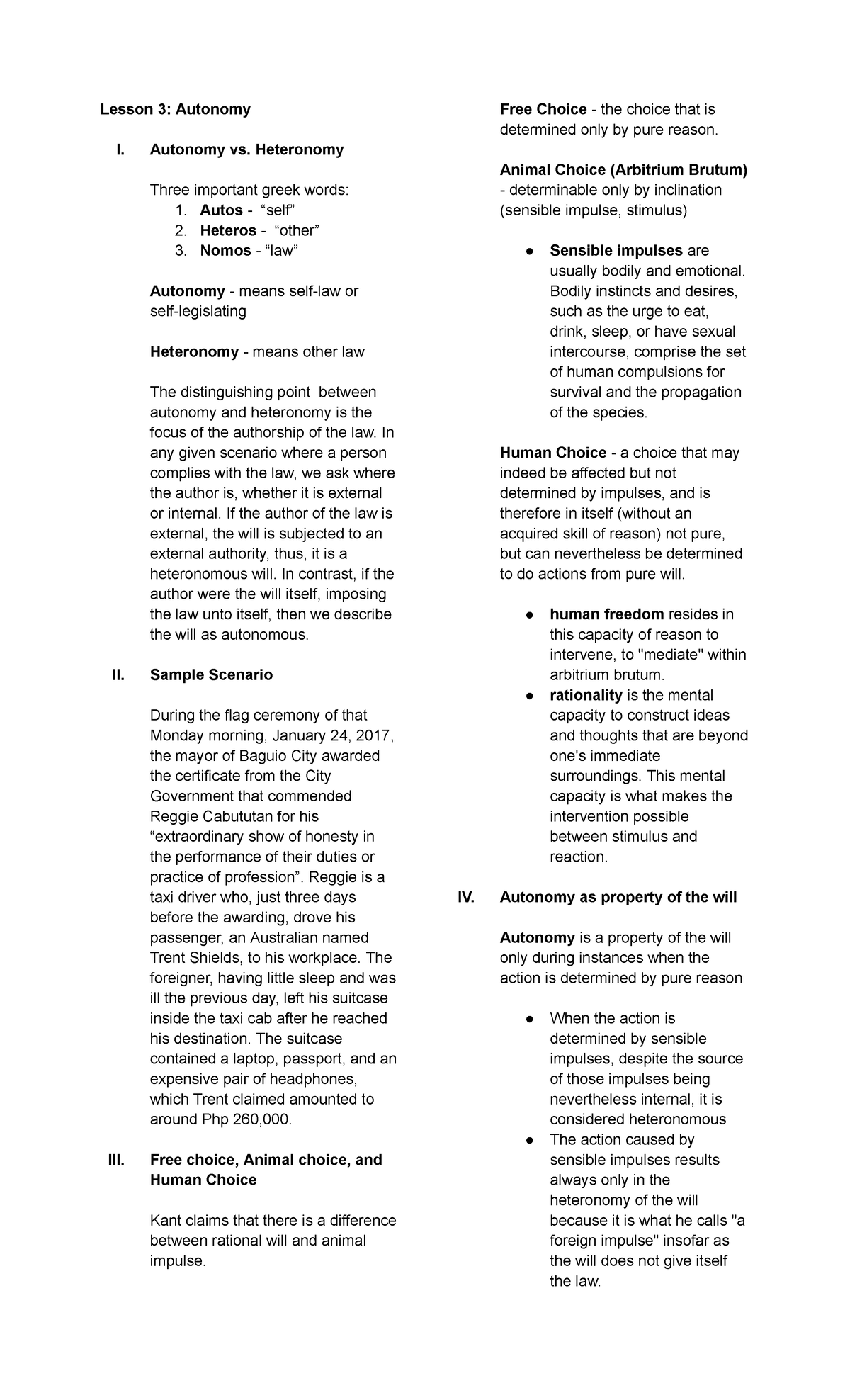 Lesson 3 Autonomy (Handouts) - Lesson 3: Autonomy I. Autonomy vs. Heteronomy Three important ...