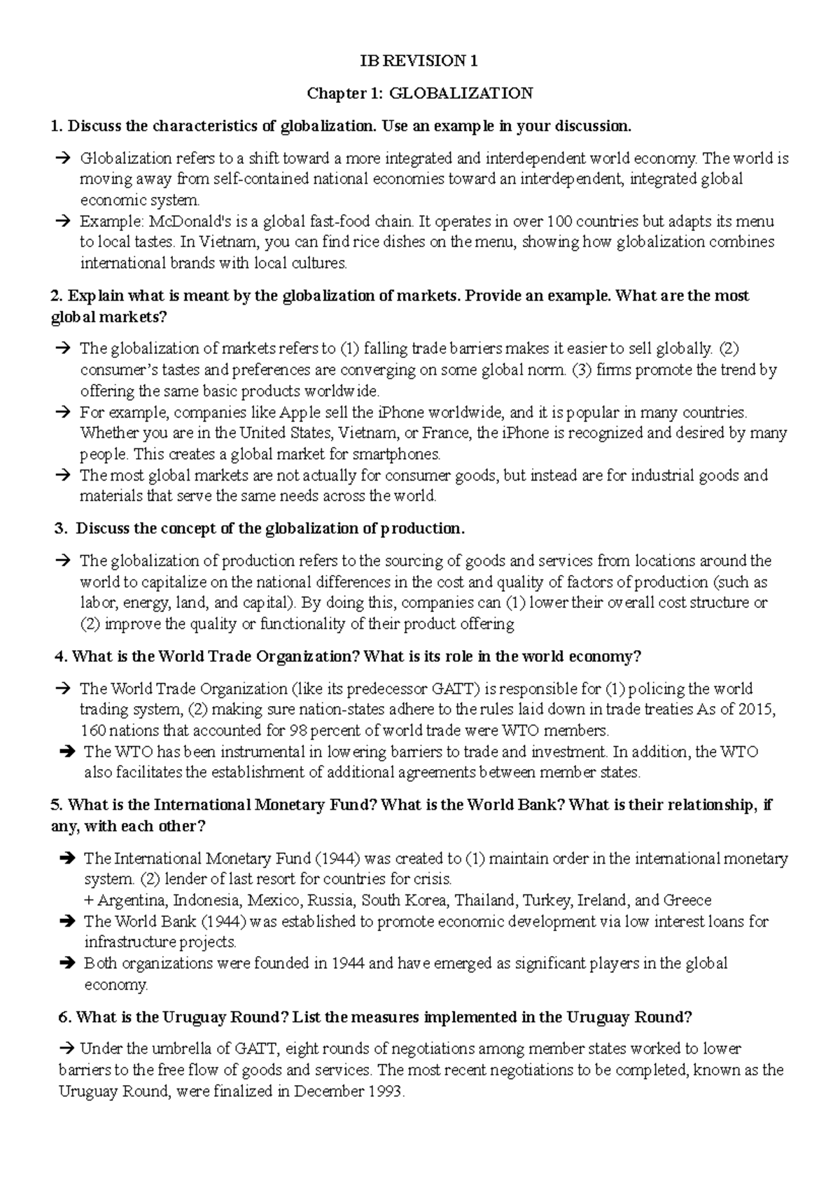 IB REVISION 1: Chapter 1 - Understanding Globalization and Its Impact ...