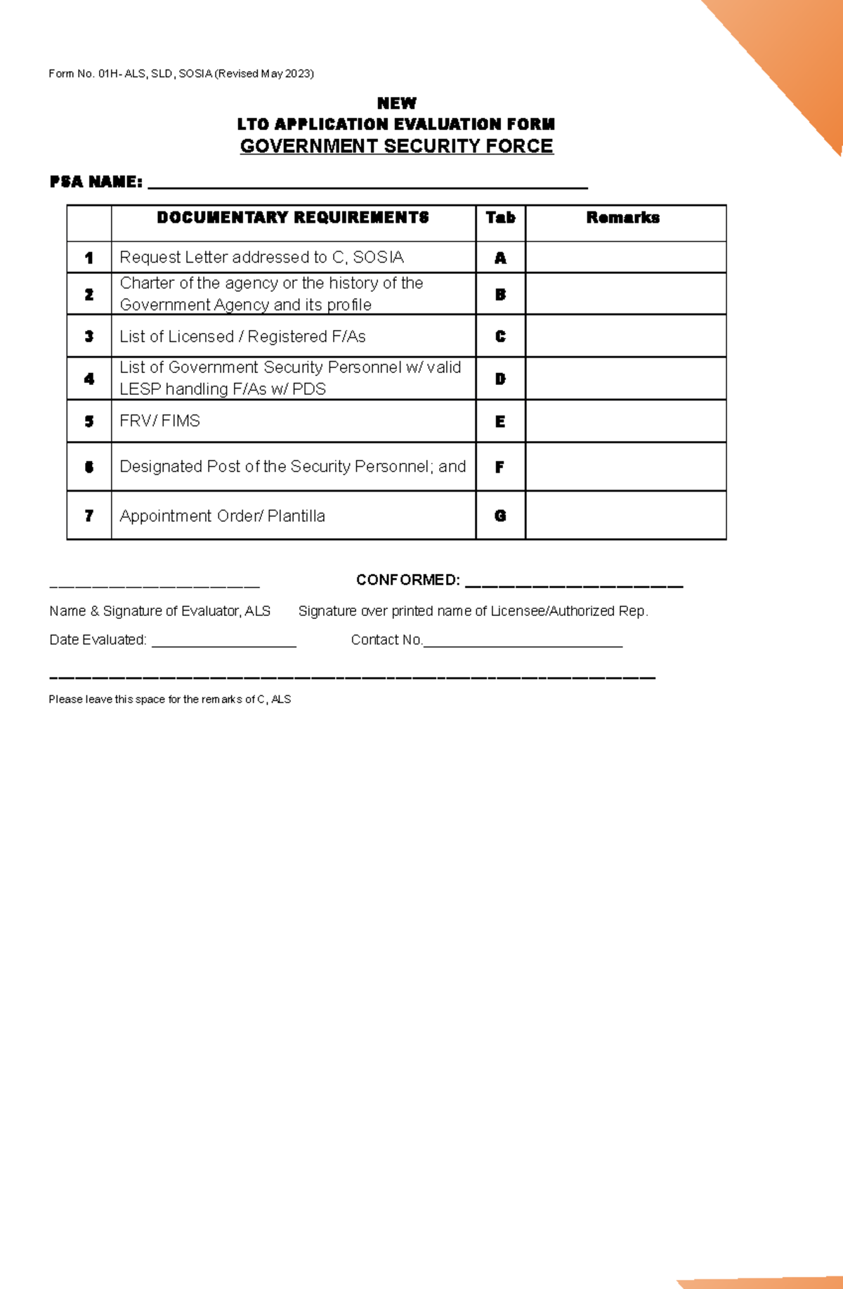 Evaluator Form - LTO Application for Government Security (ALS/SOSA ...