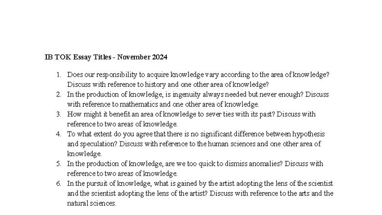 IB TOK Essay Titles Nov 2024: Exploring Knowledge Across Areas - Studocu