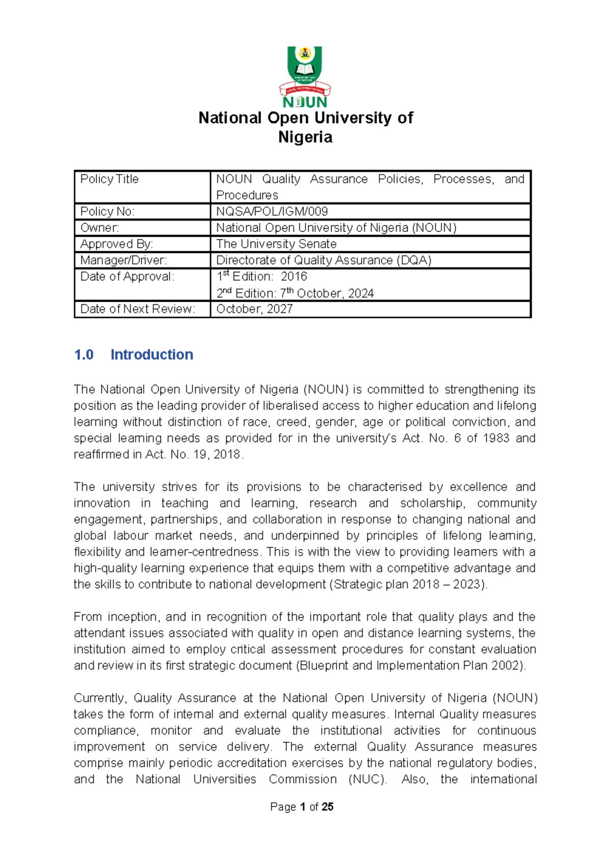 NOUN Quality Assurance Policies, Processes, and Procedures Document ...