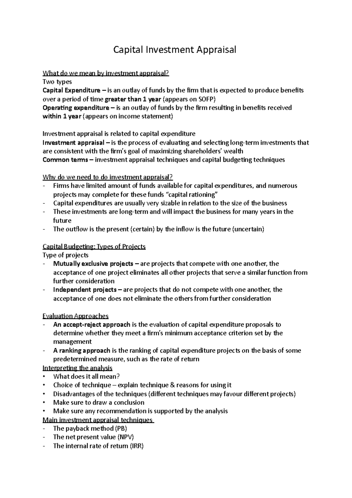 Capital Investment Appraisal Notes: Techniques & Considerations - Studocu