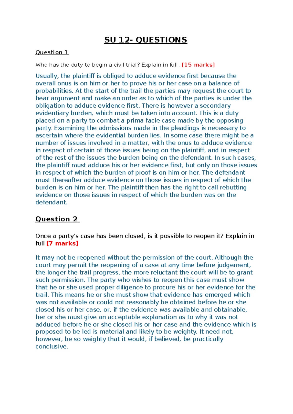 SU 12 Civil Trial Questions: Duties, Evidence, and Court Procedures ...