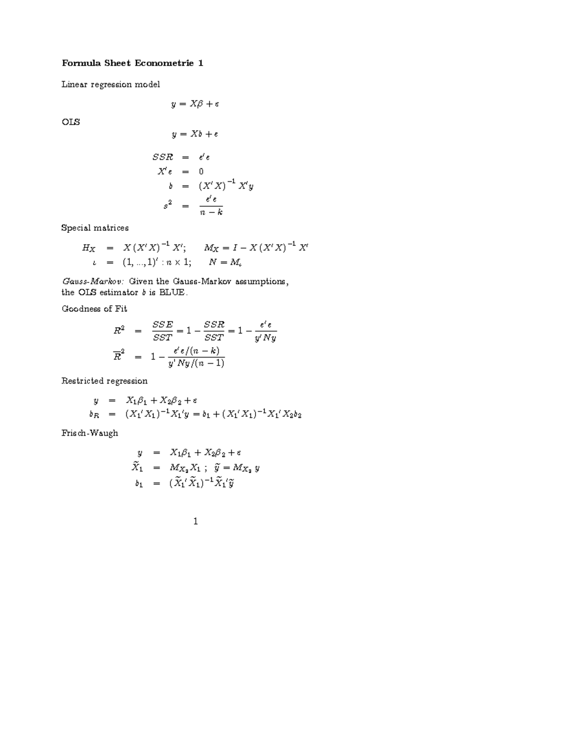 Econometrie 1 Formula Sheet: Linear Regression & OLS - Studeersnel