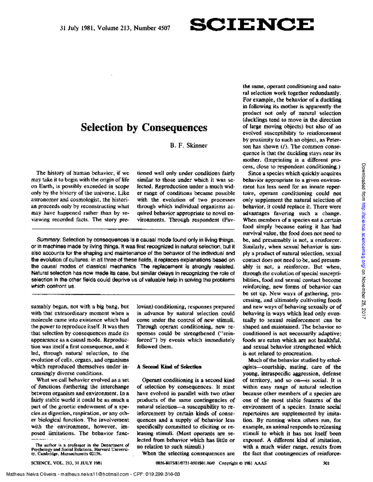 Selection by Consequences - 31 July 1981, Volume 213, Number 4507 ...