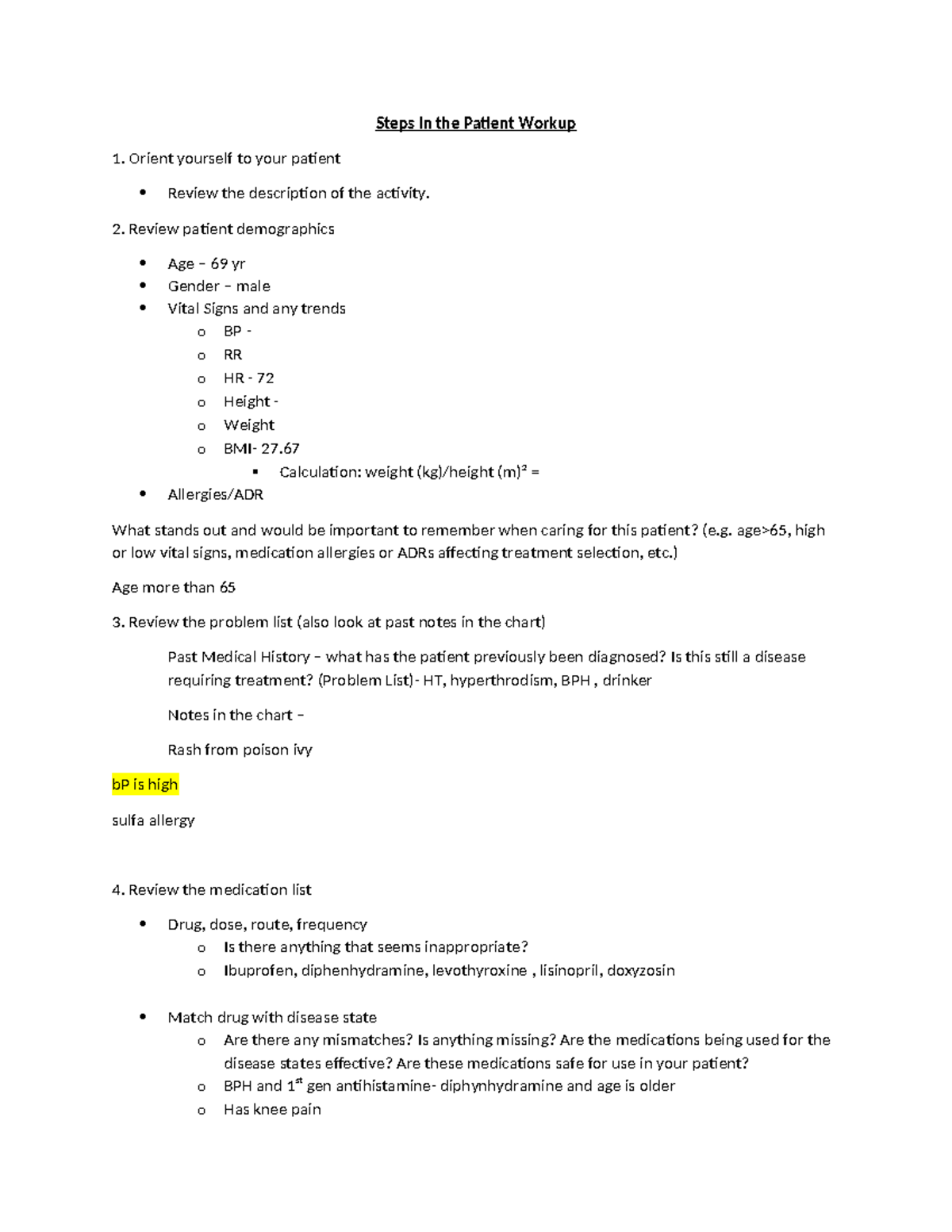 Patient Workup Guide: Steps & Medication Review - 2024 Worksheet - Studocu