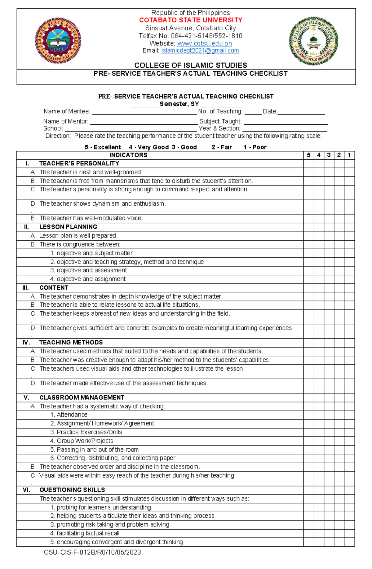 Teaching performance checklist for student teachers at COTABATO STATE ...