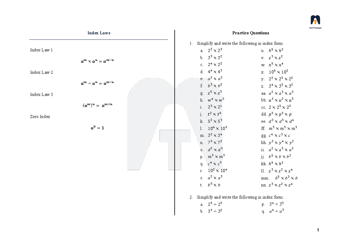 MAT 01 Index Laws Practice Questions and Solutions - Studocu