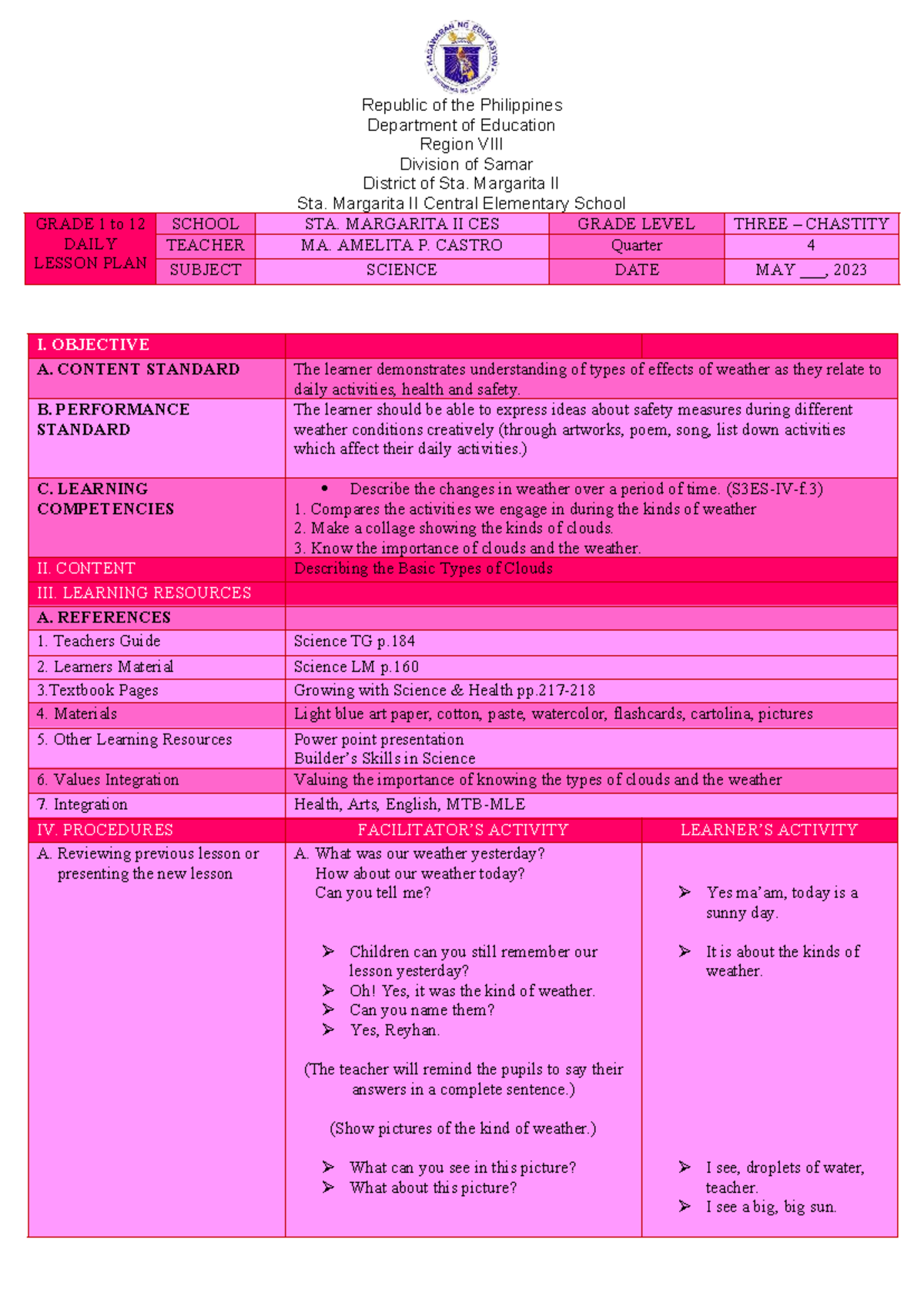 COTQ4 - Daily Lesson Plan on Weather Types for Grade 1 Science - Studocu