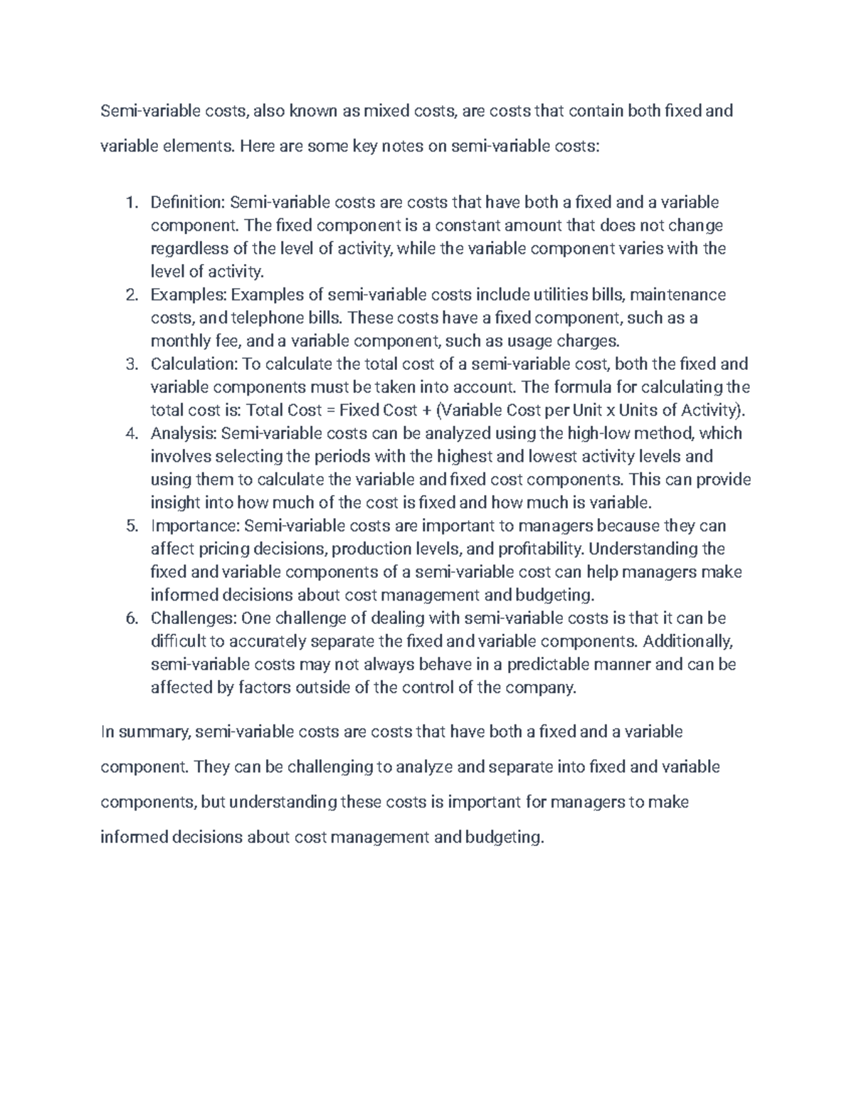 Semi-Variable Costs: Key Insights and Analysis Notes - Studocu