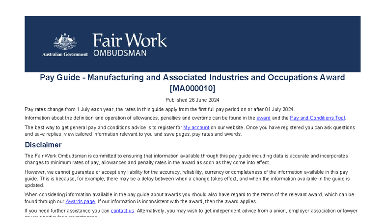 Pay Guide MA000010: Manufacturing & Associated Industries 2024 - Studocu
