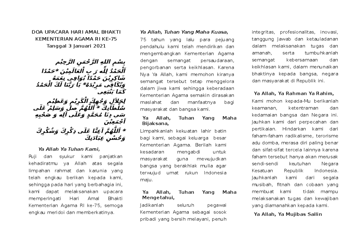 DOA UPACARA HARI AMAL BHAKTI KEMENAG RI KE-75 - Studocu