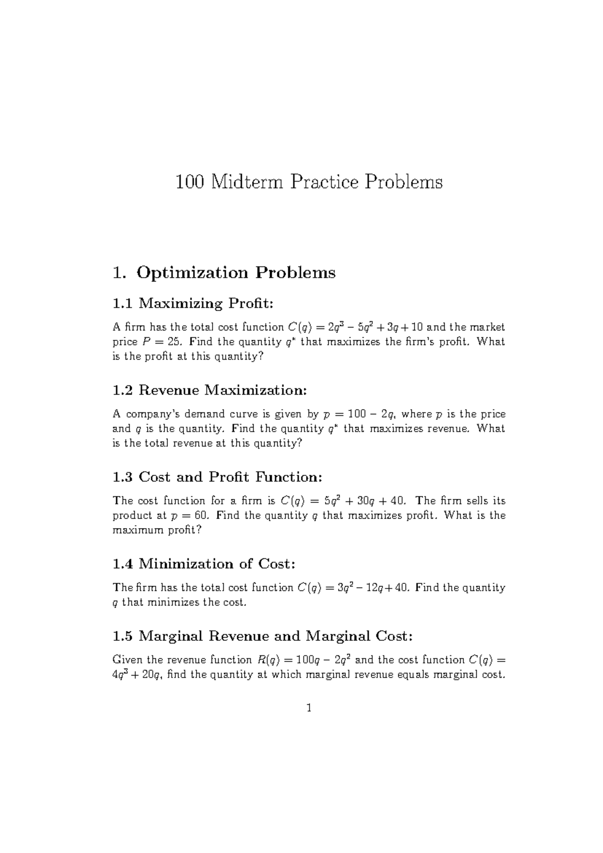 100 EMET Midterm Practice Problems: Optimization & Economics - Studocu