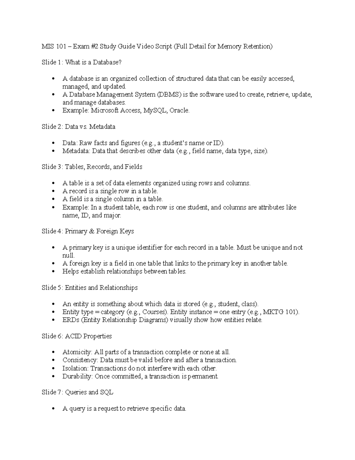 MIS 101 – Exam #2 Study Guide: Database Concepts and Management - MIS ...