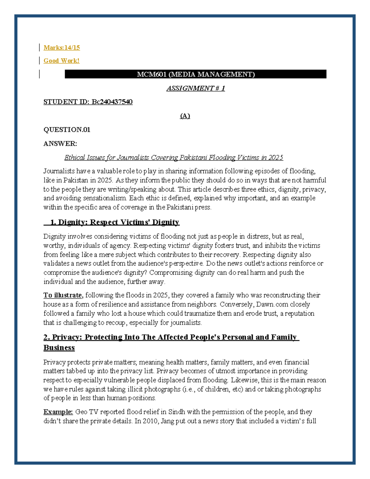 MCM601 Media Management Assignment 1: Ethical Issues in Journalism ...