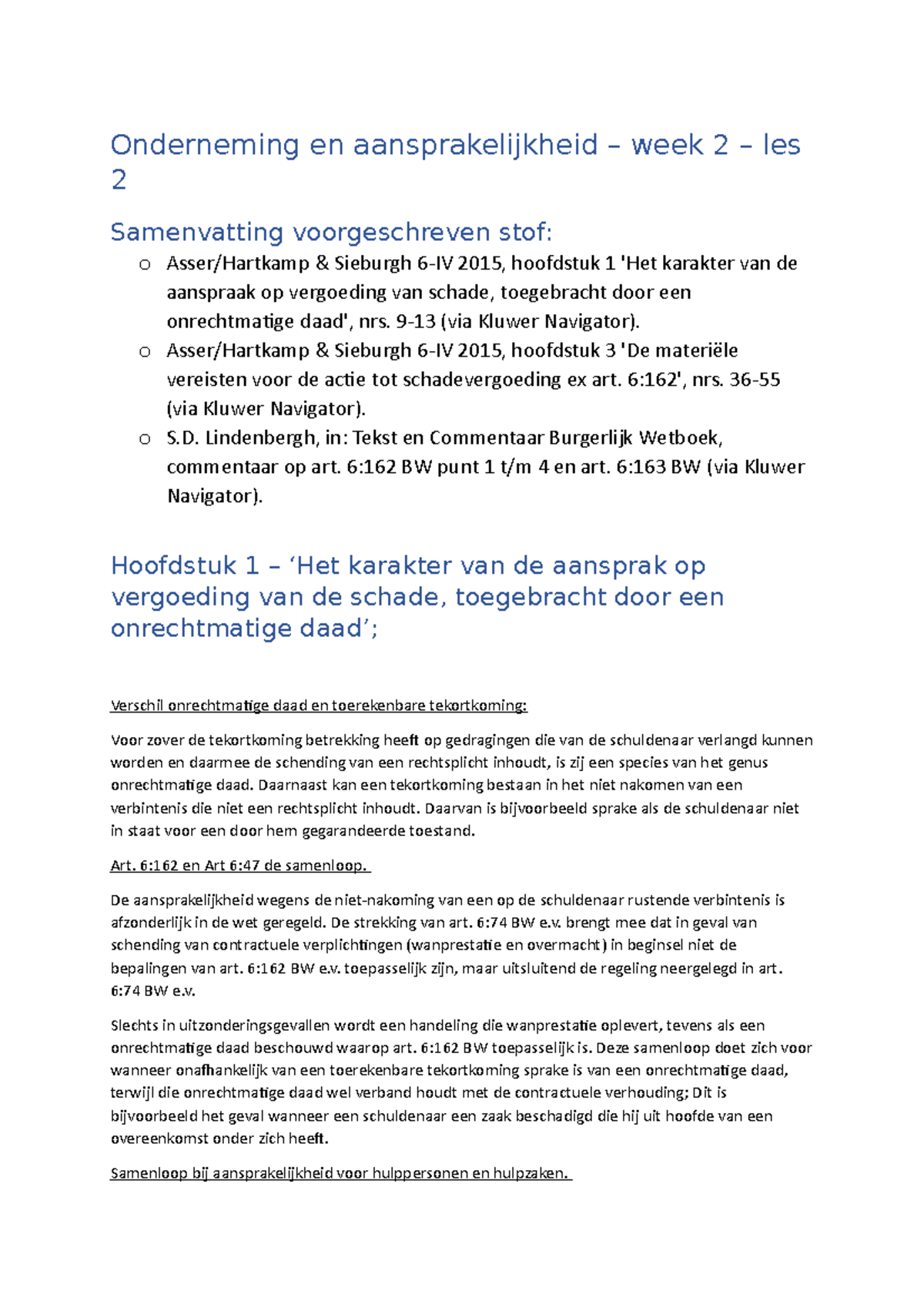 Onderneming en Aansprakelijkheid - Week 2 Les 2 Samenvatting en Casussen - Studeersnel
