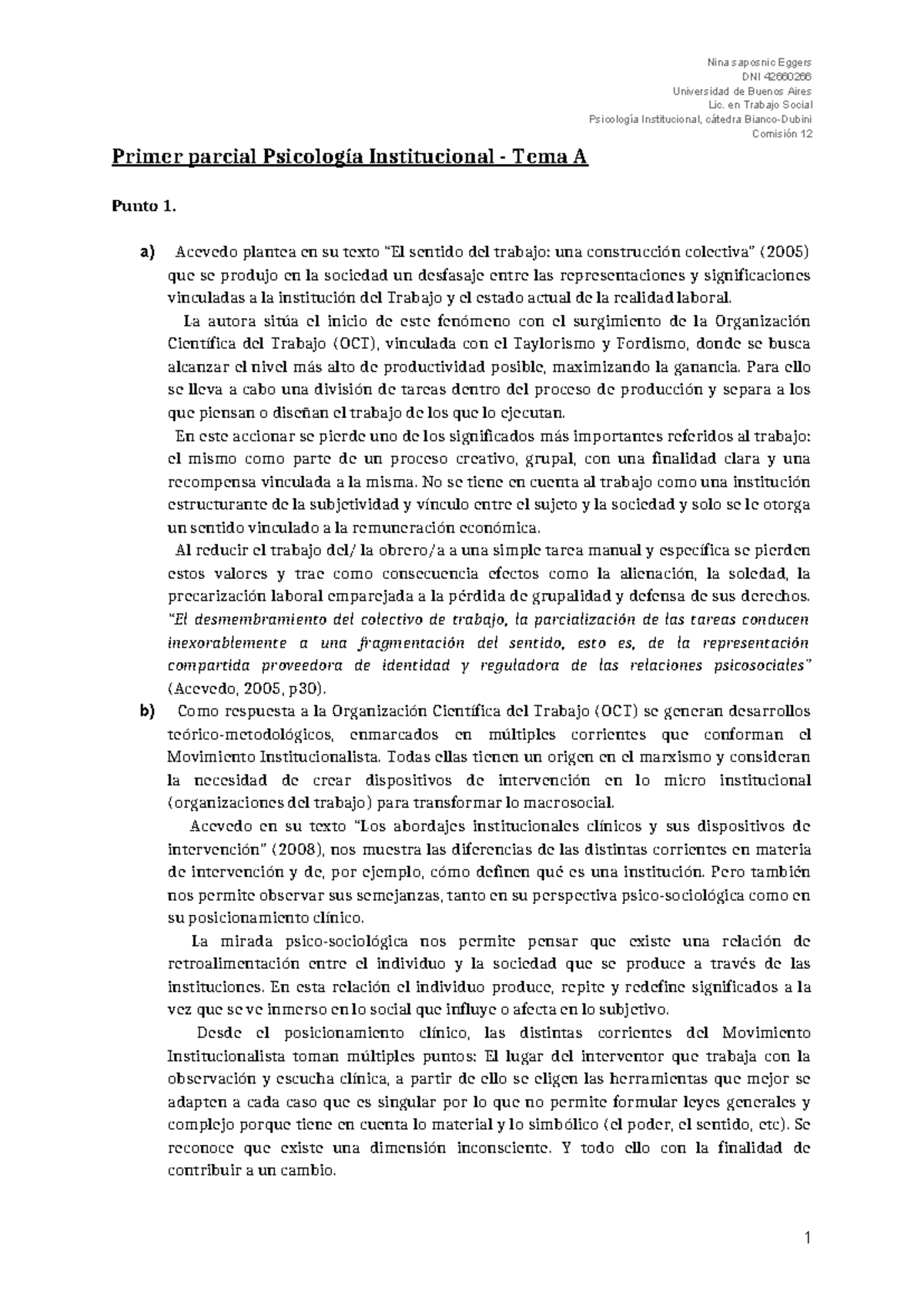 1er Parcial Psicología Institucional DNI 42660266 - UBA - Studocu