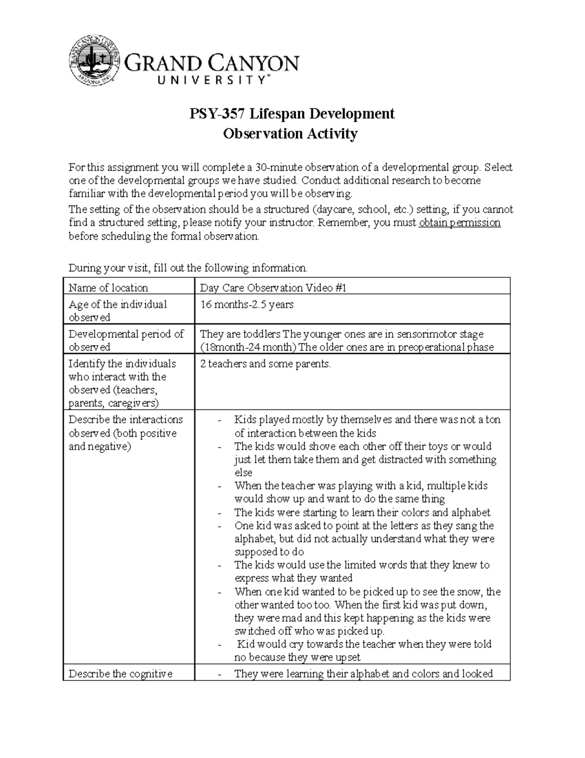 PSY 357 T7 RS Developmental Group Observation Activity Report - Studocu