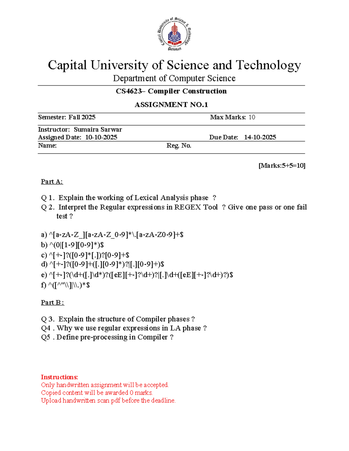 Compiler Construction Assignment No. 1 - Fall 2025 - Studocu