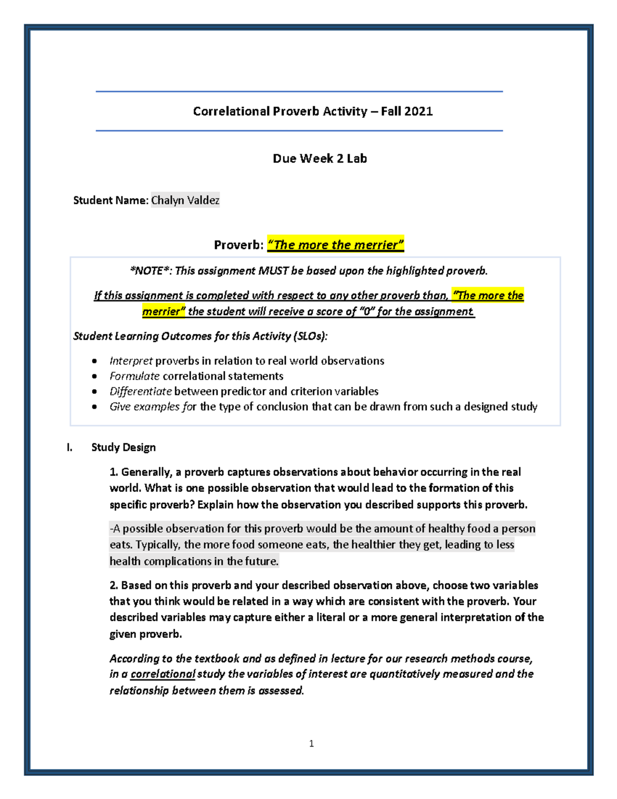 Correlational Proverb Activity (Research Methods - Fall 2021) - Studocu