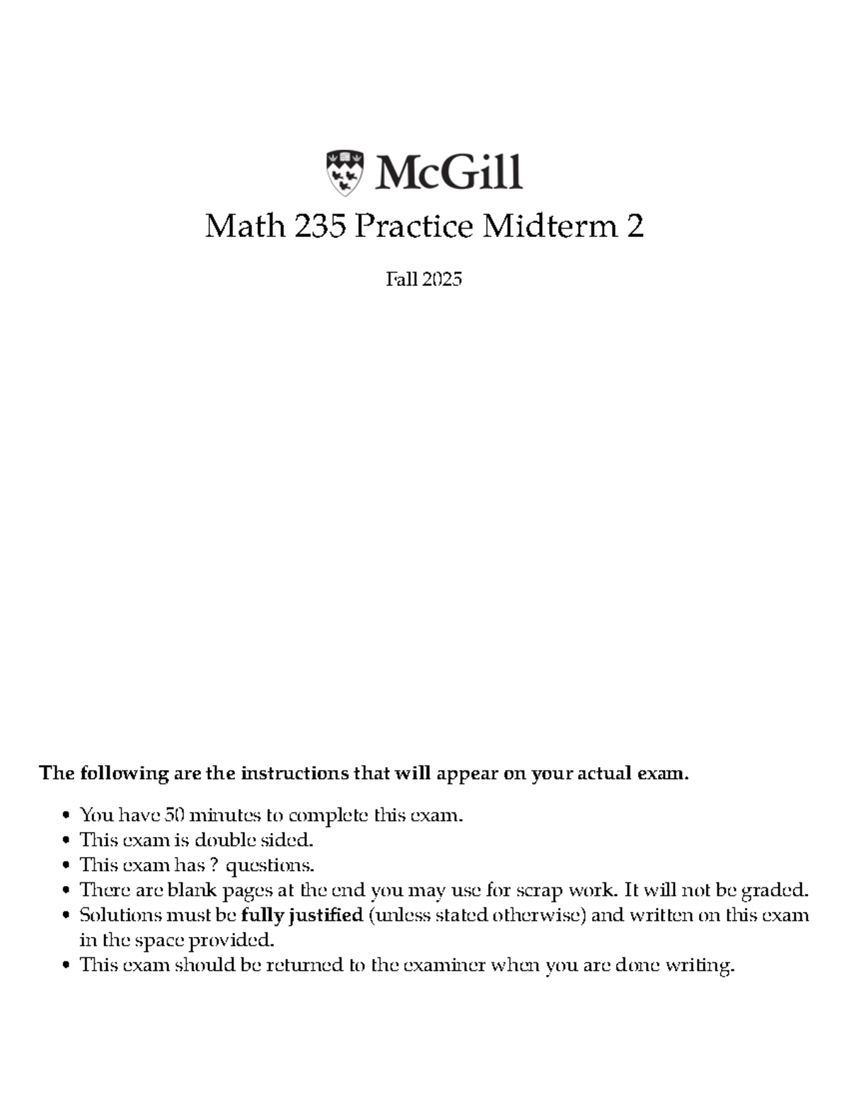 Math 235 Practice Midterm 2 Instructions Fall 2025 - Studocu