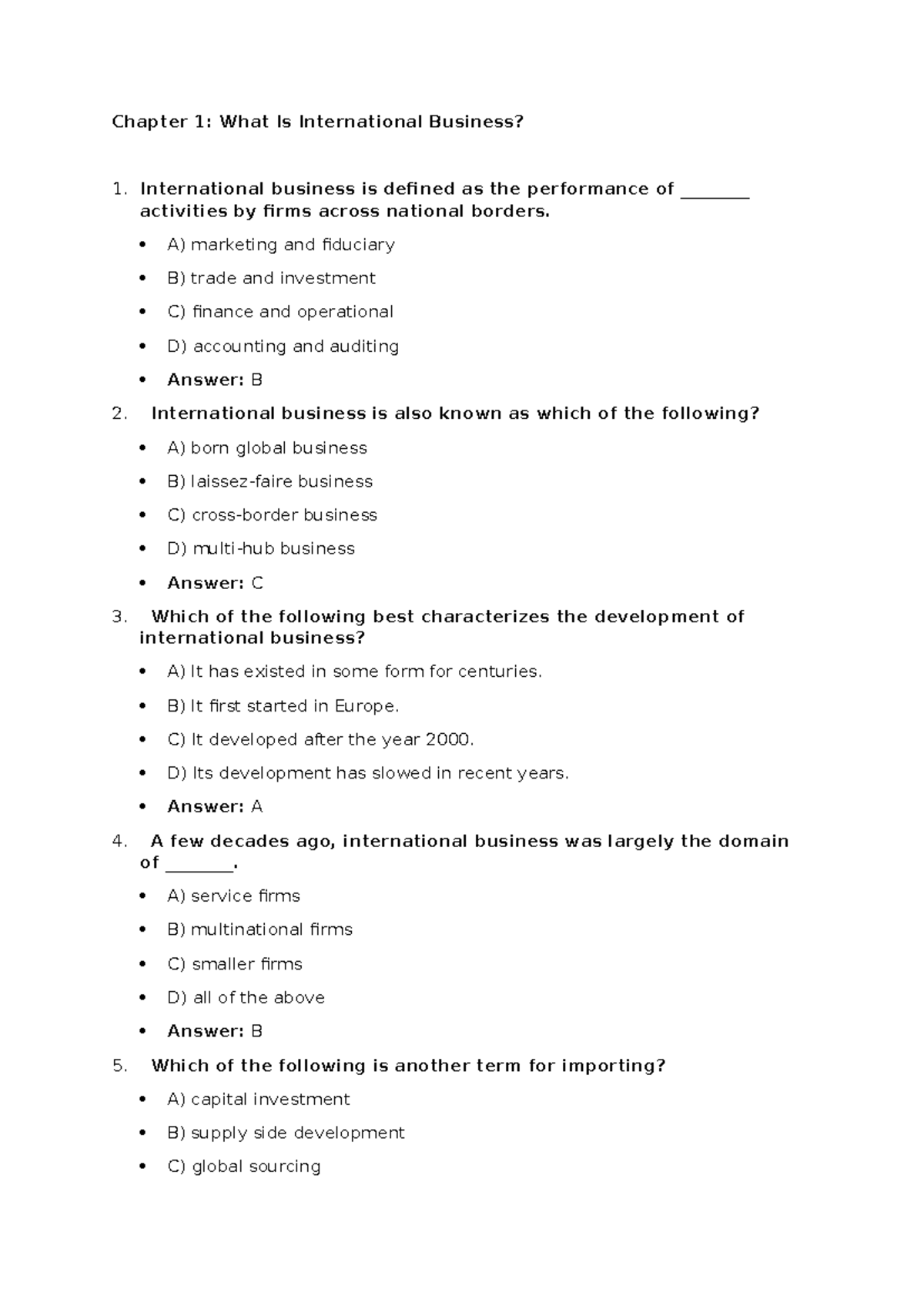 International Business (IB) Multiple Choice Practice Questions - Studocu