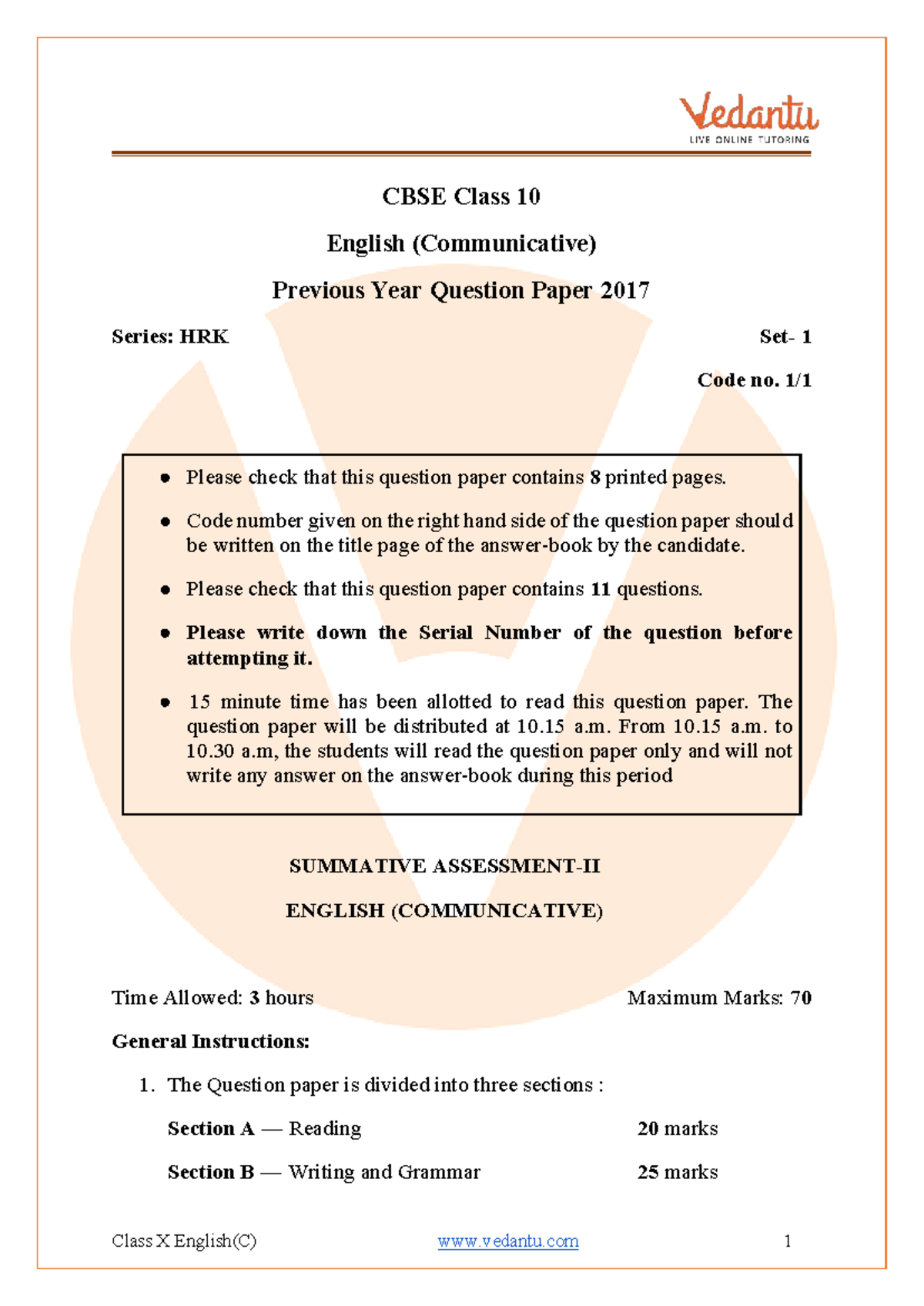 CBSE Class 10 English (Communicative) Previous Year Question Paper 2017 - Studocu