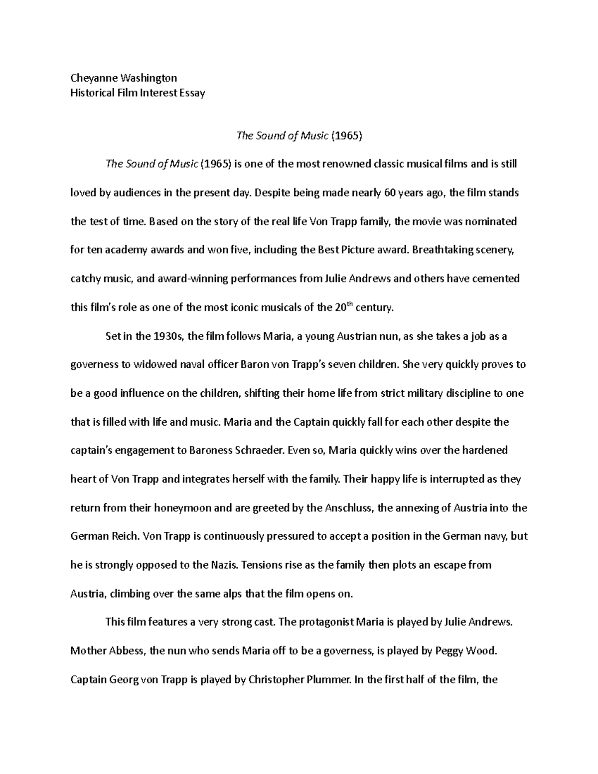 HIST 305: Exploring Historical Themes in 'The Sound of Music' Essay ...